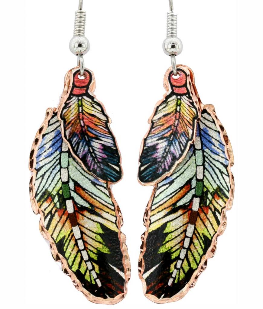 Dainty Native Feather Copper Earrings, Colorful Feather Jewelry