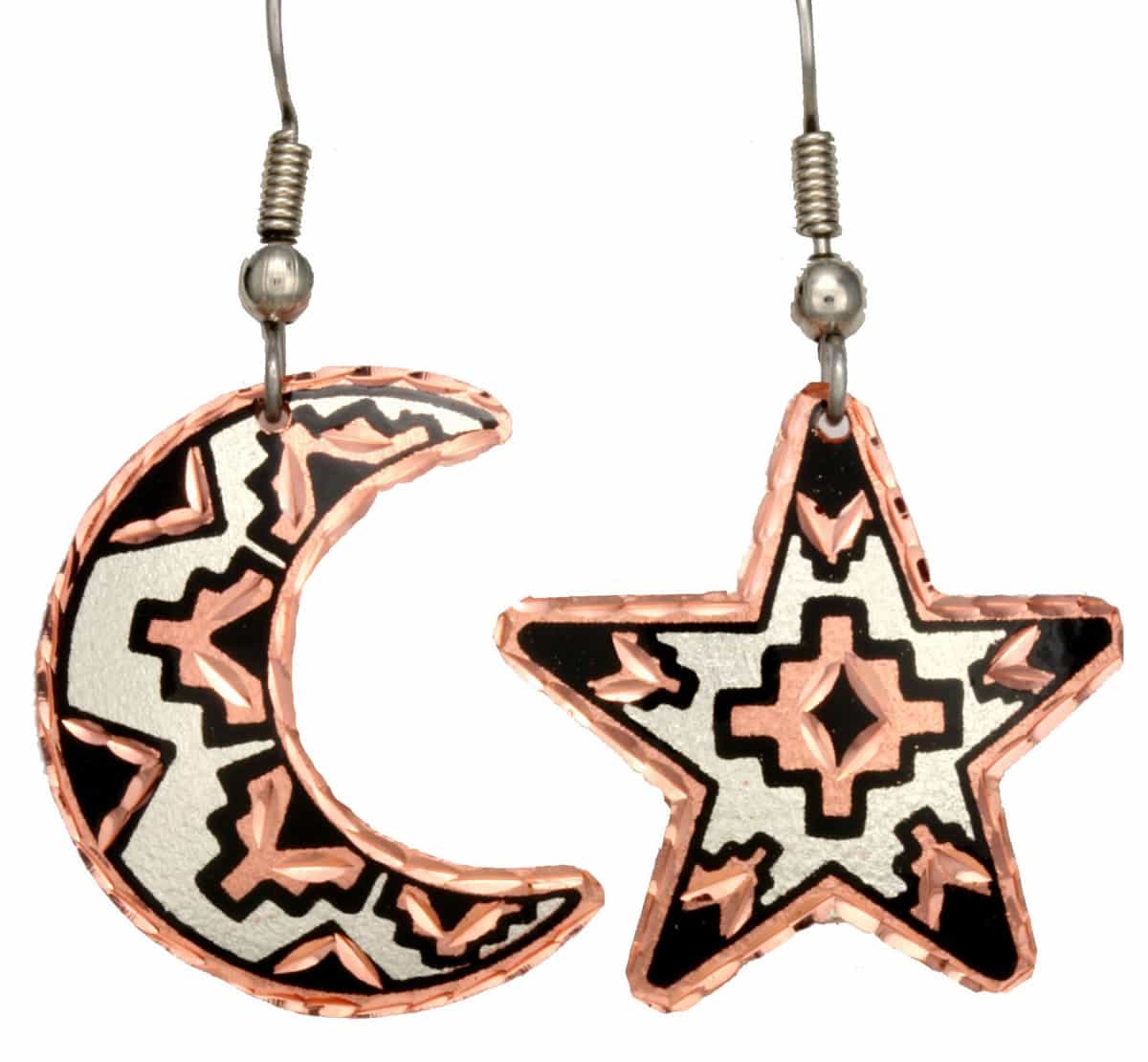 Native American Moon and Star Earrings, Artisan Copper Jewelry