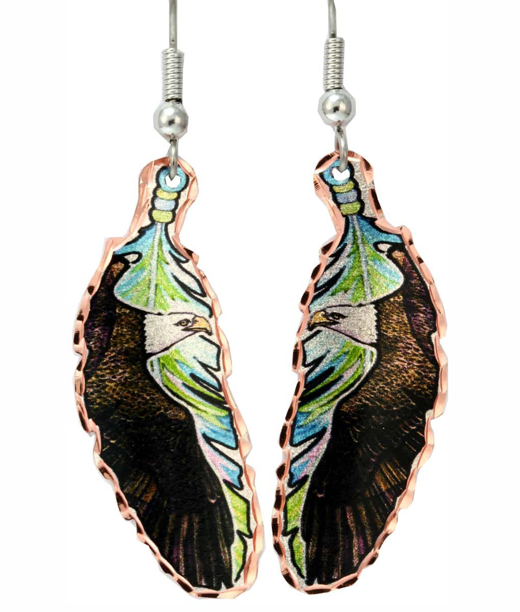 Colorful Double Feather Earrings, Copper Dangle Feather Earrings