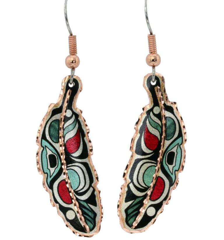 American Indian Chief Copper Feather Earrings, Colorful Feather Earrings