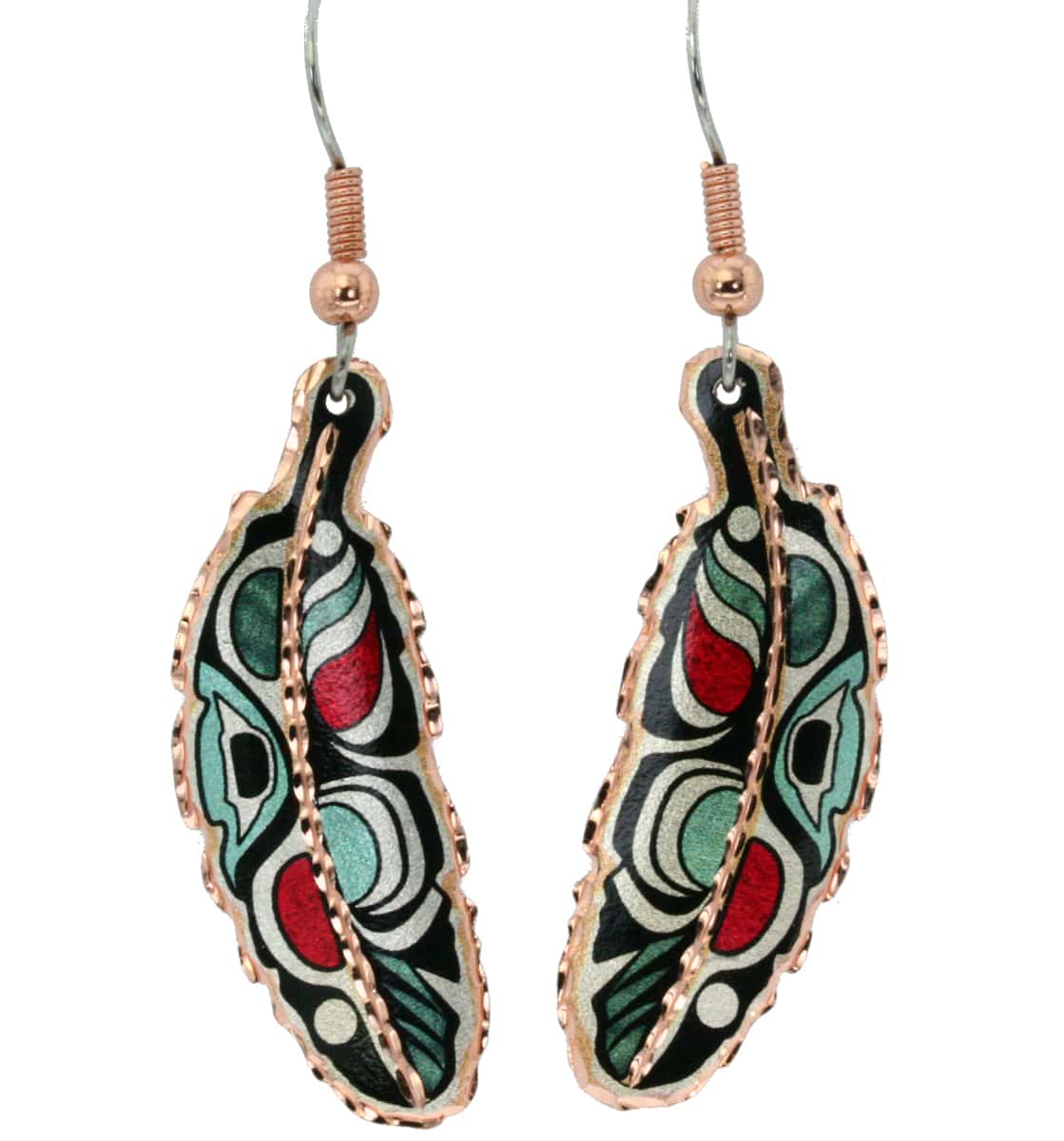 Copper Feather Art Earrings, Amazing Colorful Feather Art Jewelry