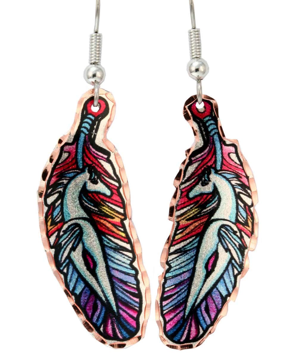 Copper Feather Art Earrings, Amazing Colorful Feather Art Jewelry