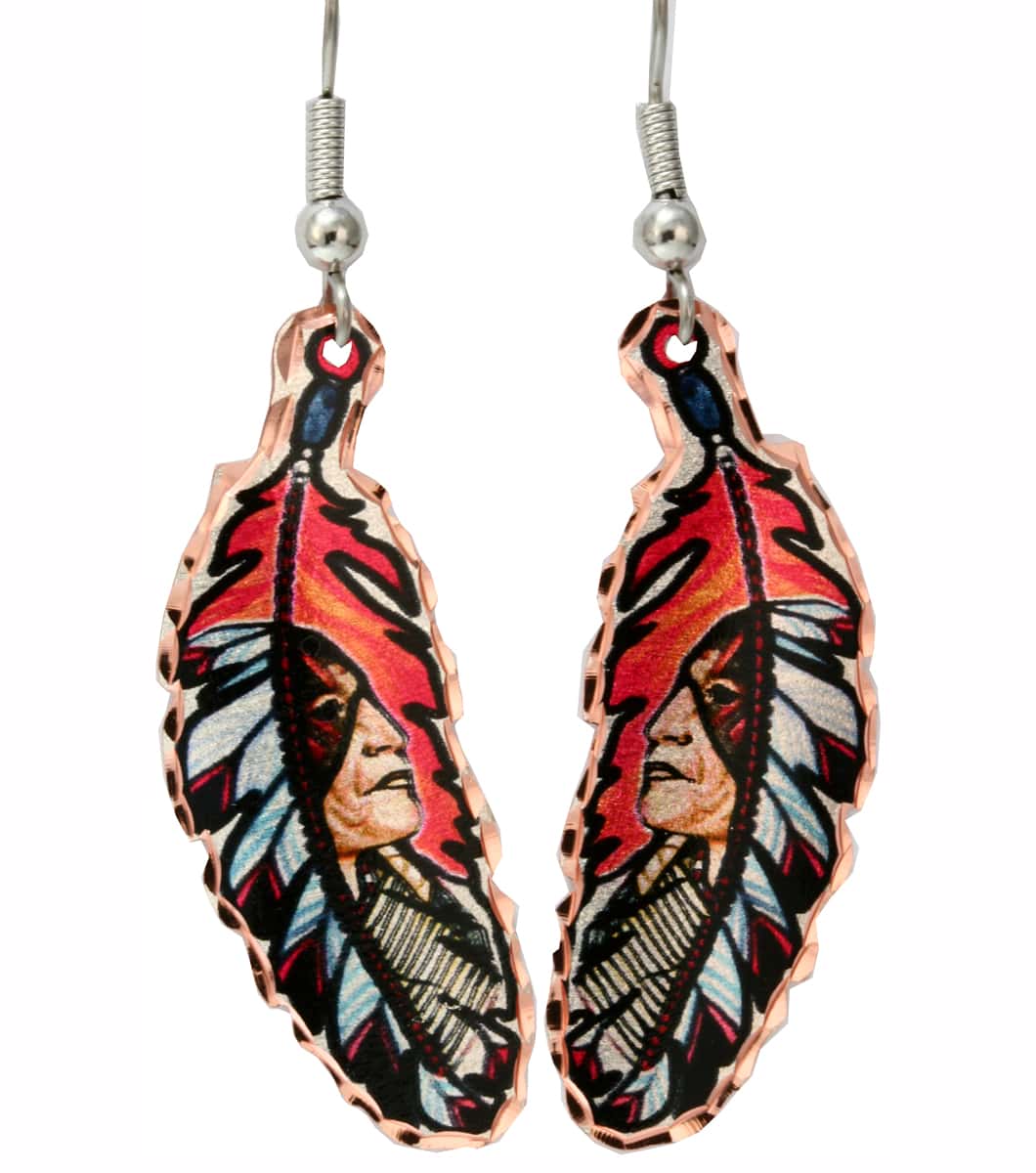 American Indian Chief Copper Feather Earrings, Colorful Feather Earrings