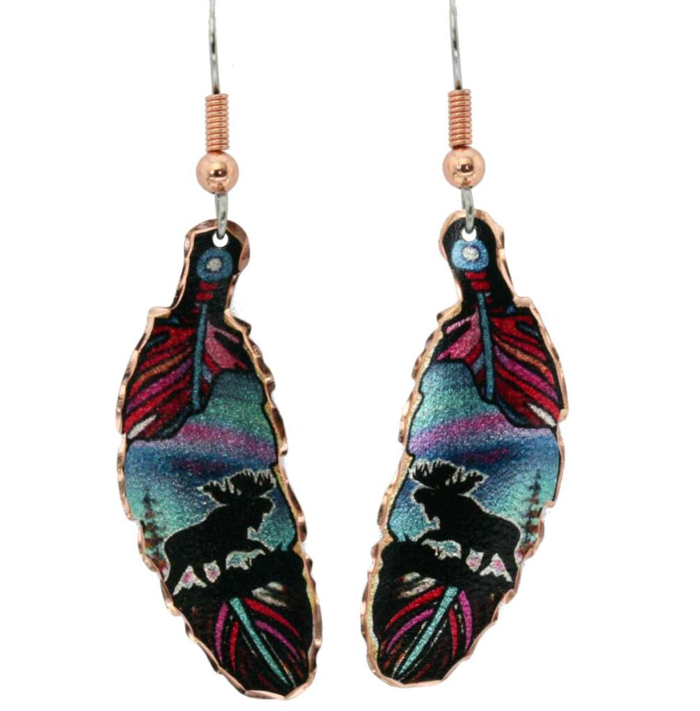 End of the Trail Copper Feather Earrings, Colorful Native Earrings