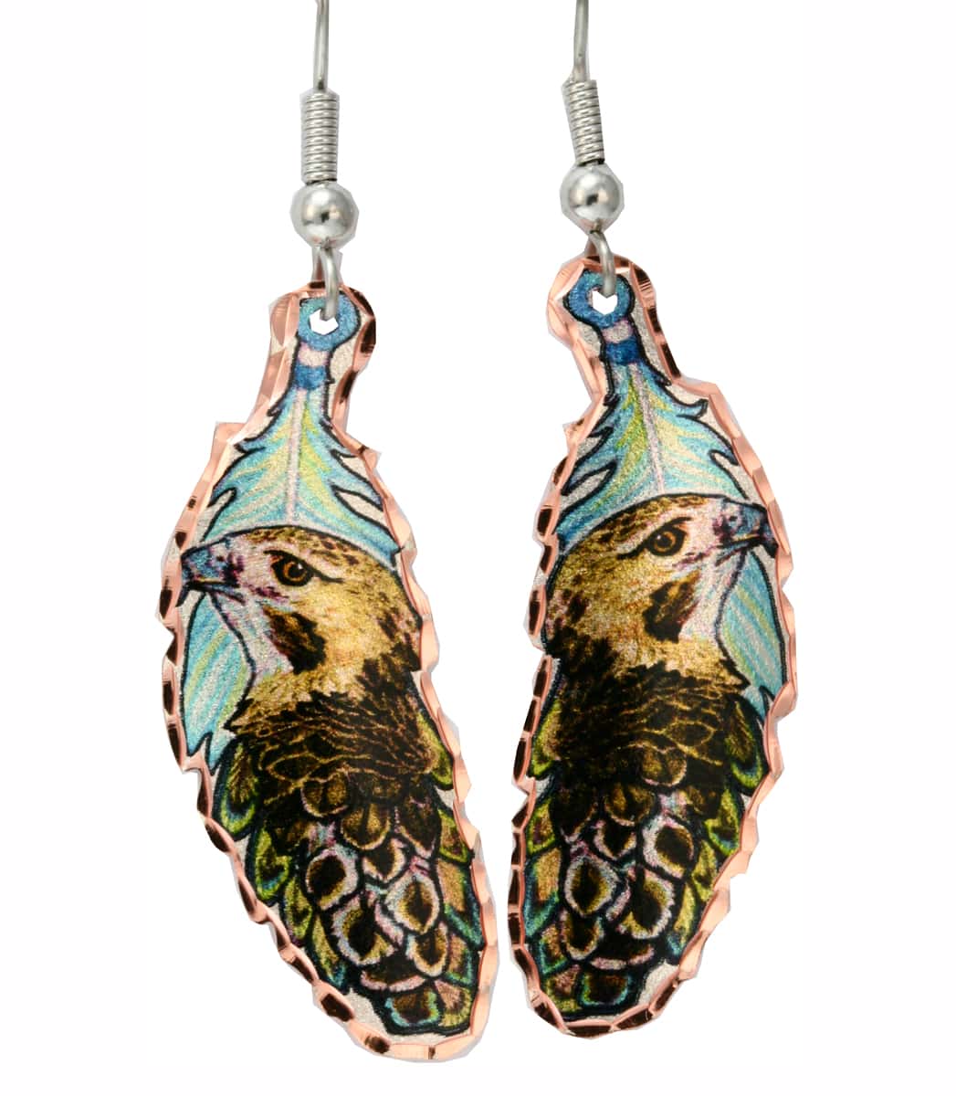 Copper Feather Art Earrings, Amazing Colorful Feather Art Jewelry