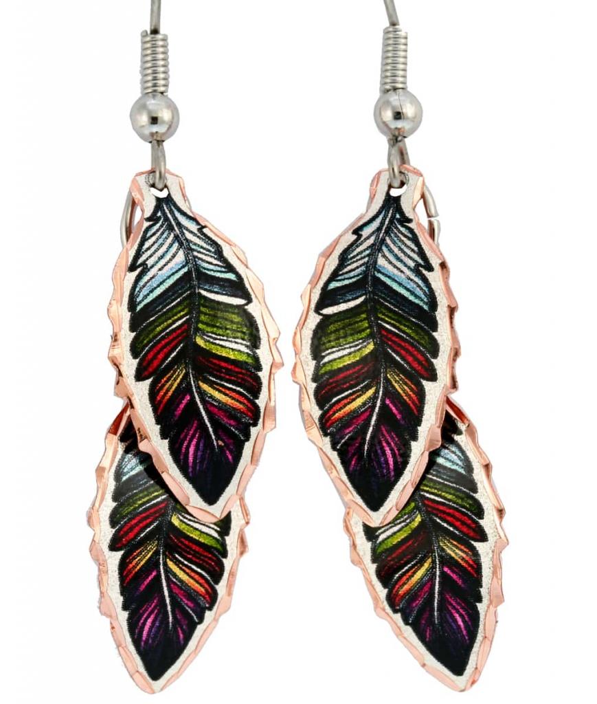 Double Colorful Copper Feathers Earrings, Feather Art Jewelry