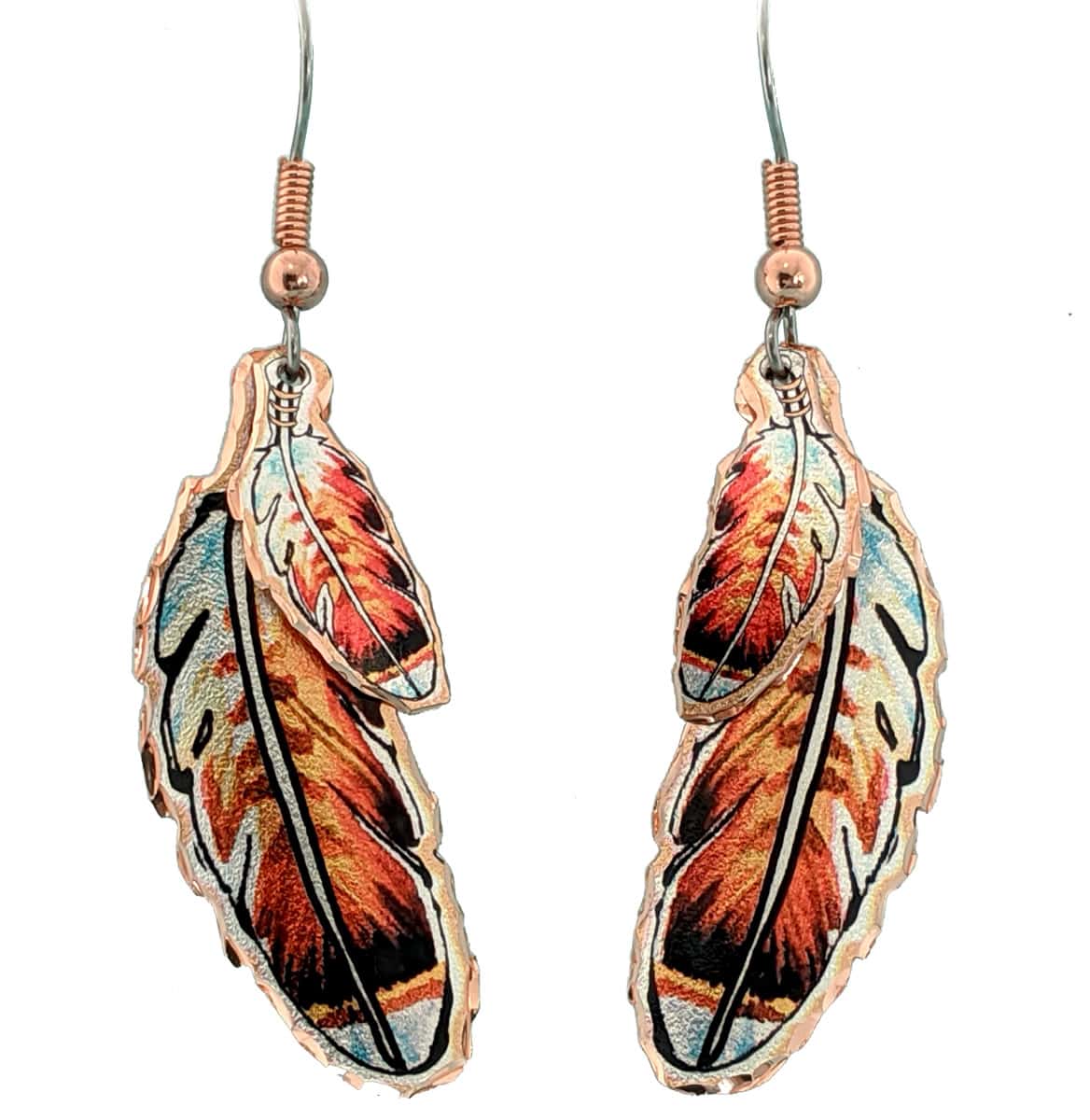 Copper Feather Dangle Earrings, Red-tailed Feather Earrings