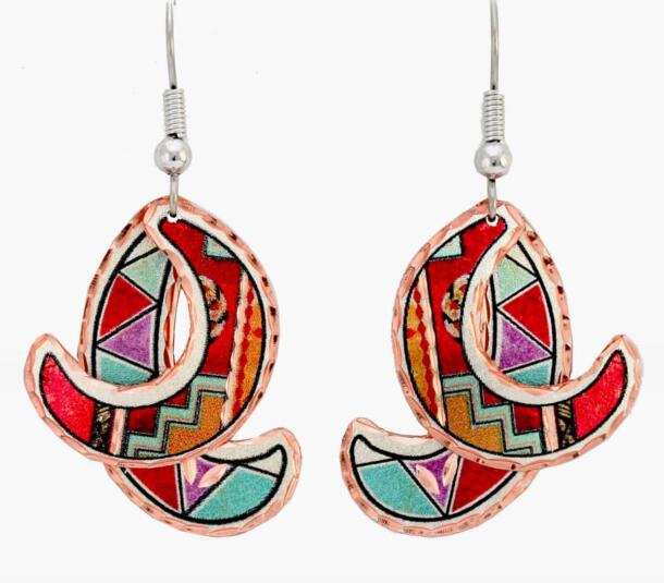 Copper Native Earrings, Dangle Colorful Etched Native Earrings