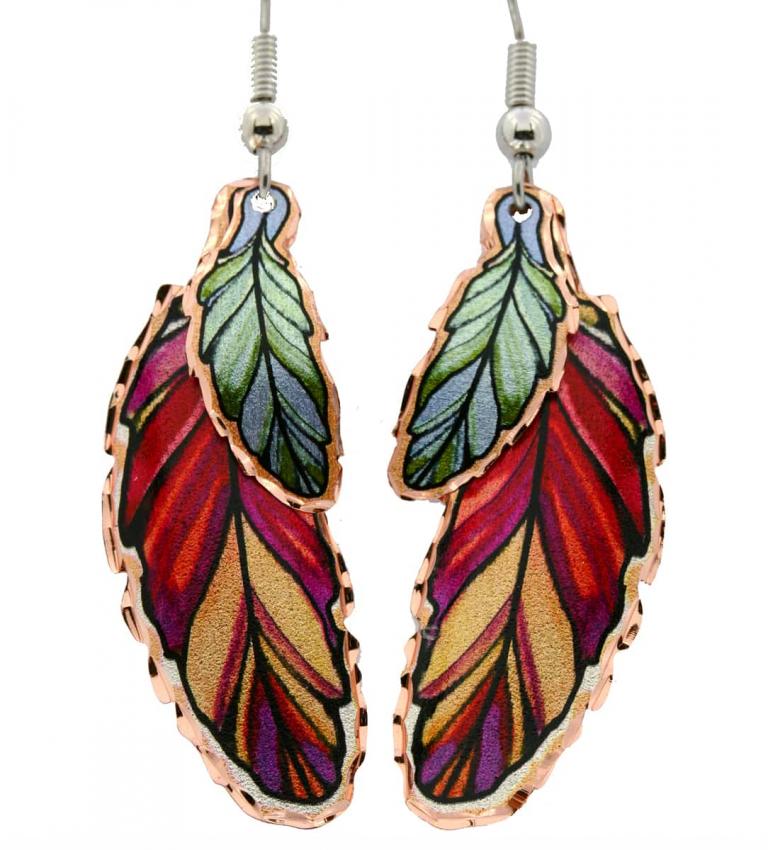Copper Feather Art Earrings, Amazing Colorful Feather Art Jewelry