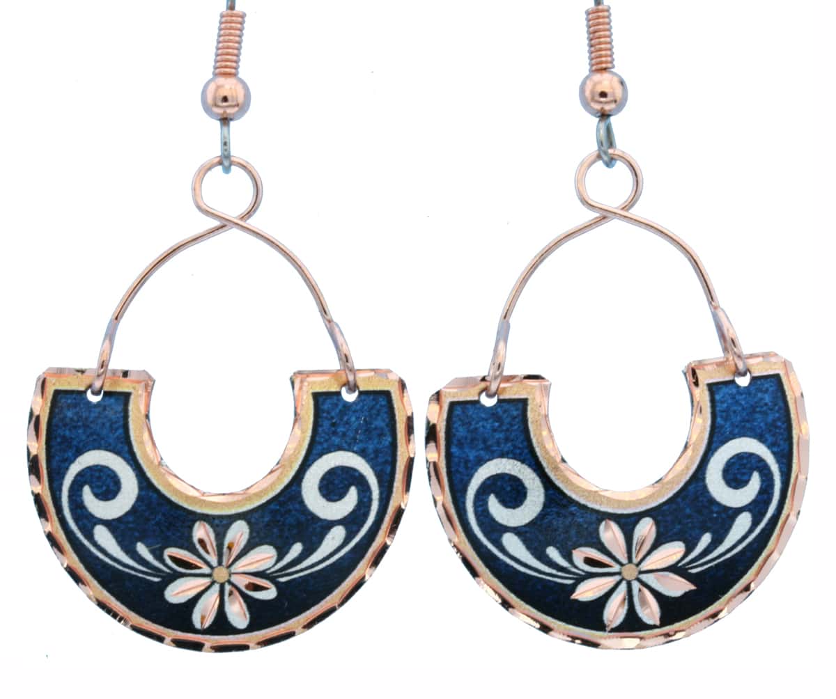 Dark Blue Flower Earrings, Copper Wire Jewelry Flower Earrings