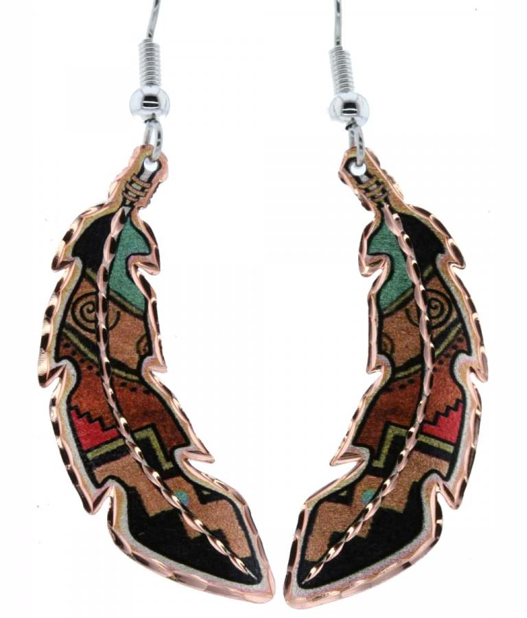 Double Colorful Copper Feathers Earrings, Feather Art Jewelry