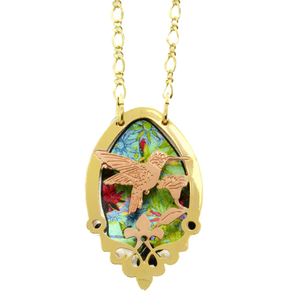 Copper & Gold Hummingbird Necklace, Copper Etched Necklaces