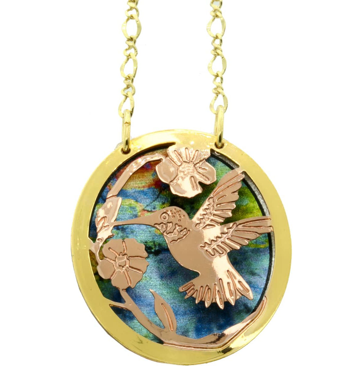 Copper & Gold Hummingbird Necklace, Copper Etched Necklaces