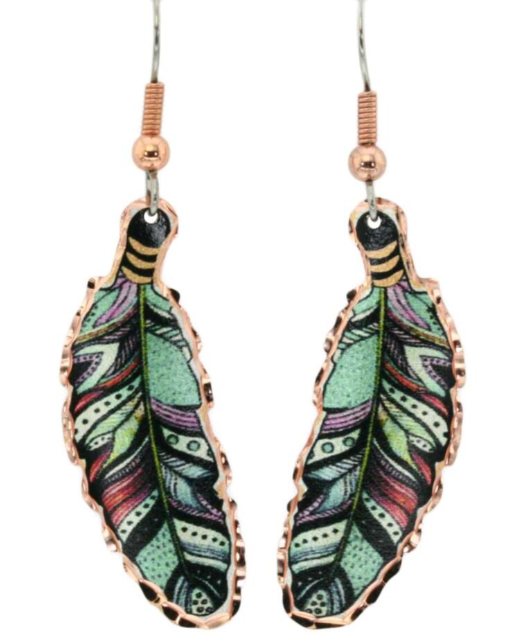 Copper Feather Art Earrings, Amazing Colorful Feather Art Jewelry