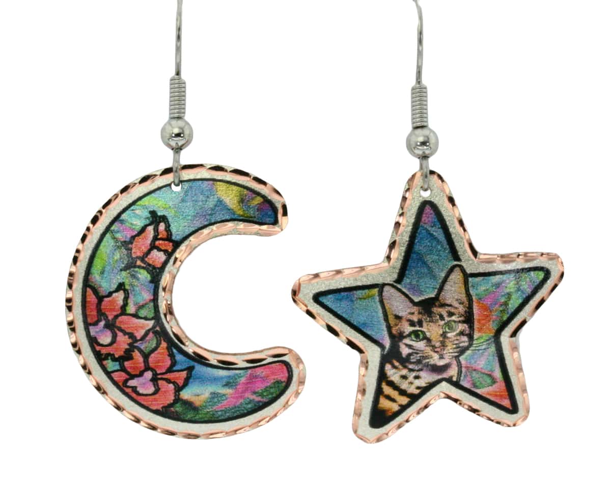 Moon and Star Cat Earrings, Women's Cat Jewelry Earrings